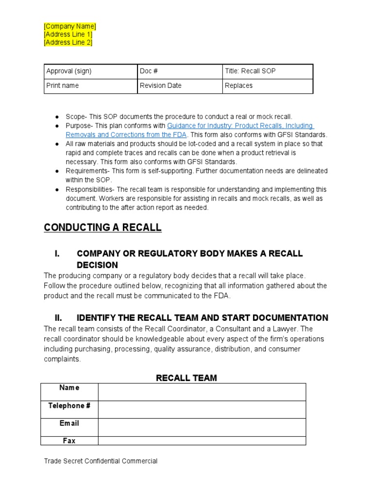 FDA Recall Procedure Template | PDF | Retail | Hazards