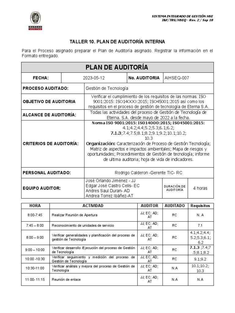 Taller 10 Plan Auditoria | PDF | Auditoría | Procesos de negocio