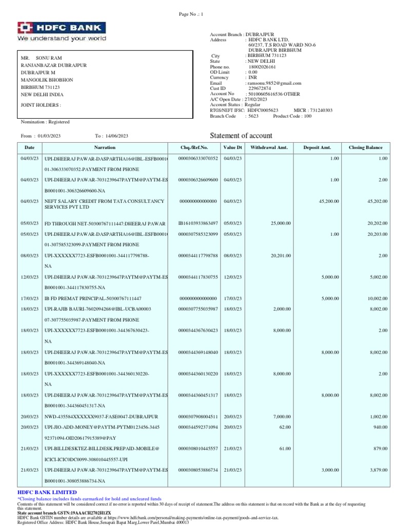 New Statment HDFC | PDF | Financial Services | Banking