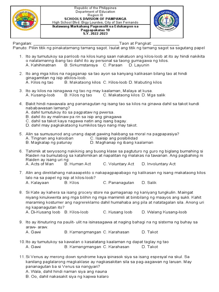 ESP 10 2nd Quarter Exam | PDF