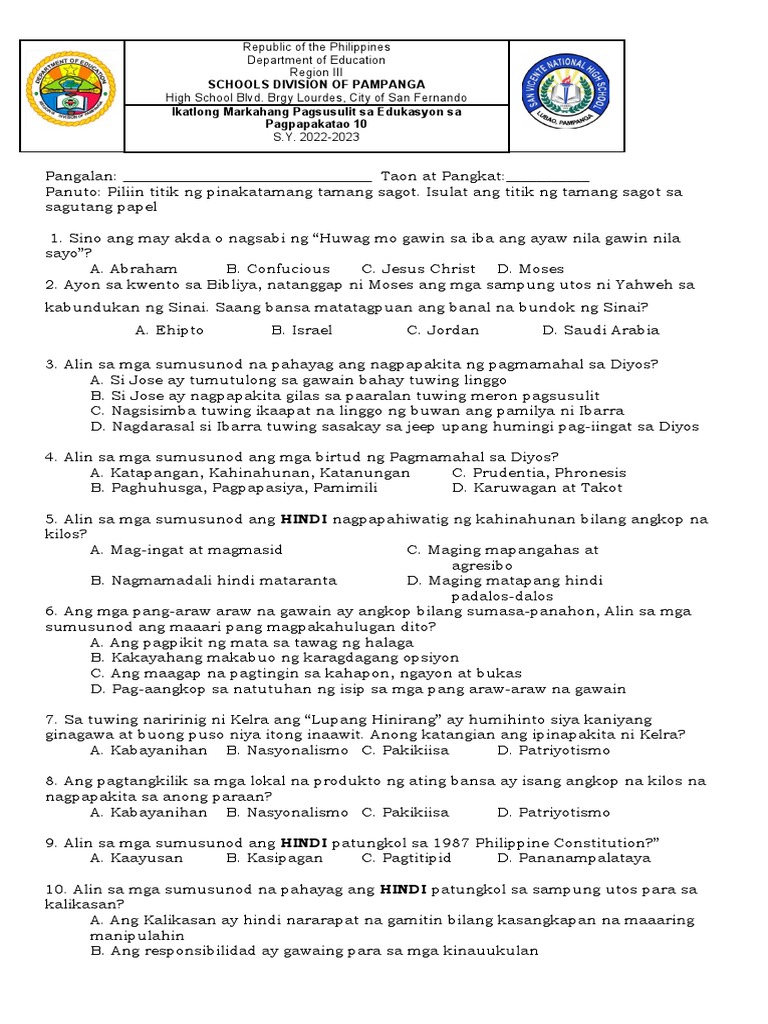 ESP 10 3rd Quarter Exam | PDF