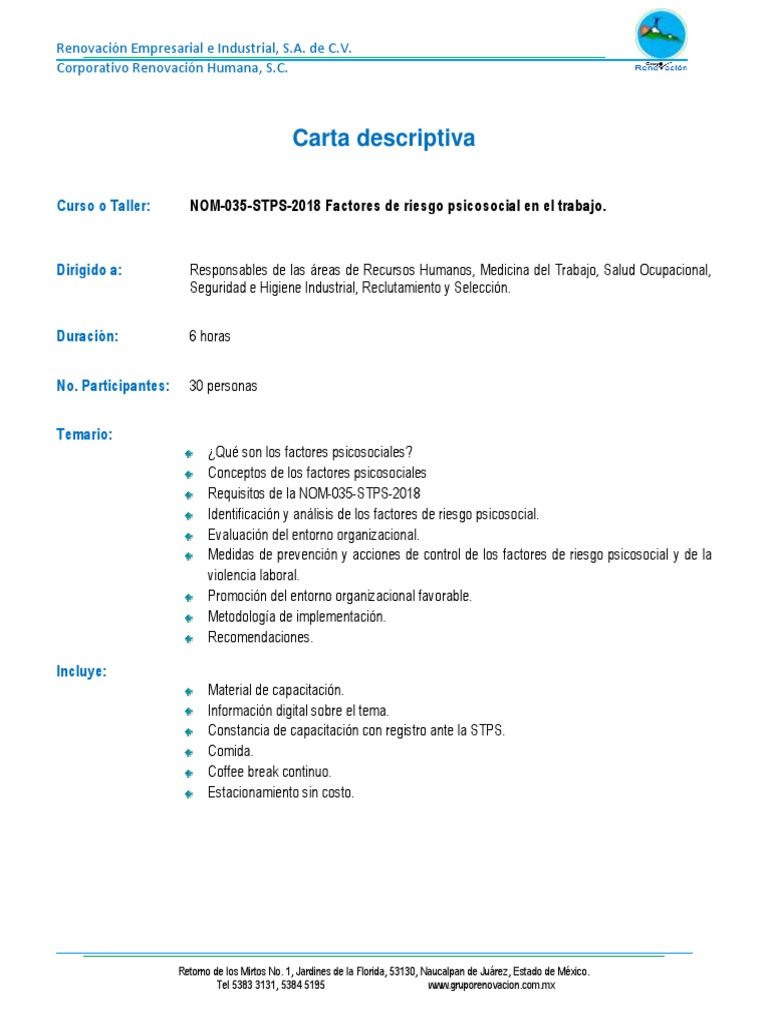 Carta Descriptiva NOM 035 STPS 2018 1 | PDF