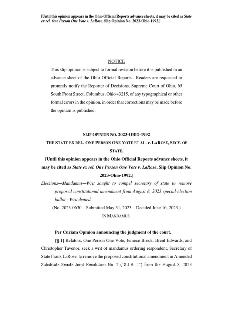 Ohio Supreme Court On August Special Election Pdf Constitutional
