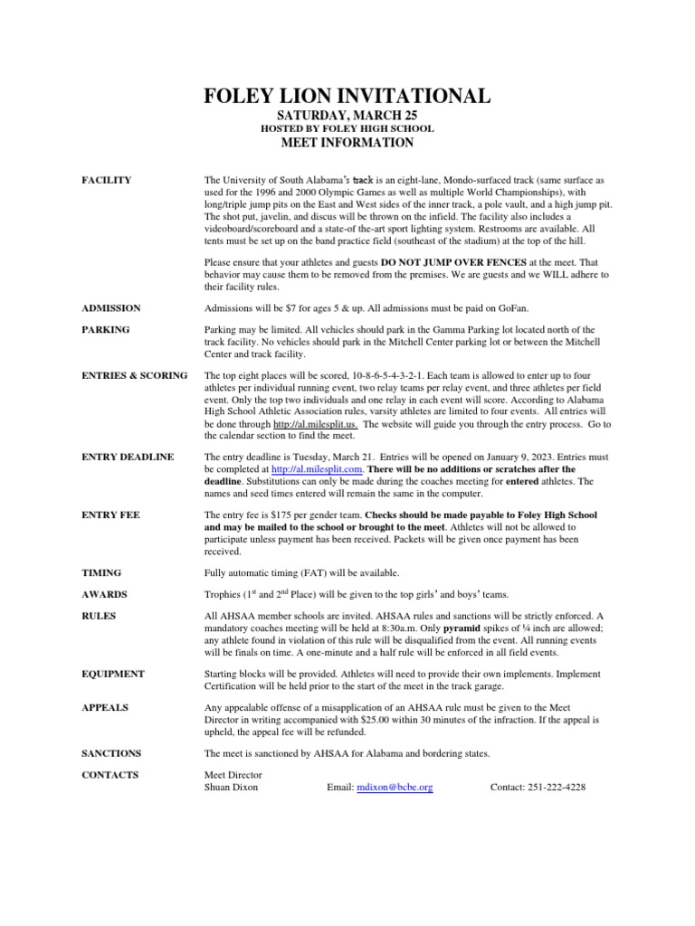 Foley Lion Invitational Details | PDF | Track And Field | Games Of ...
