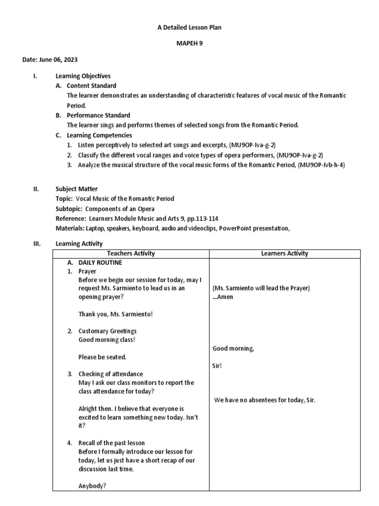 A Detailed Lesson Plan in Mapeh 9 Music Components of An Opera | PDF ...