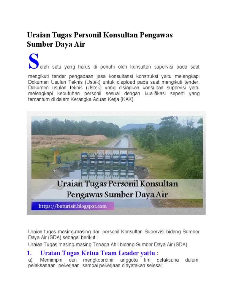 Uraian Tugas Personil Konsultan Pengawas Sumber Daya Air | PDF ...