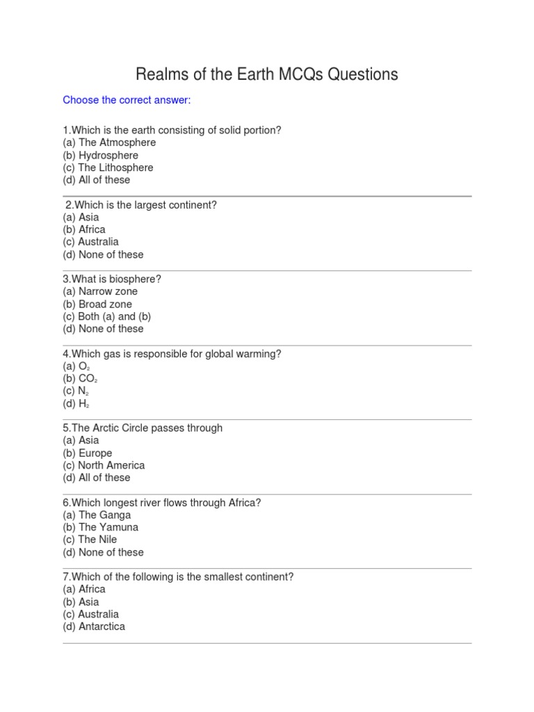 Realms of The Earth MCQs Questions | PDF