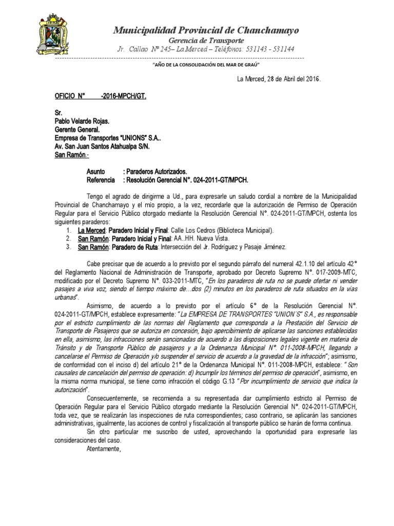 Oficio A Empresas Ruta San Ramón - La Merced | PDF