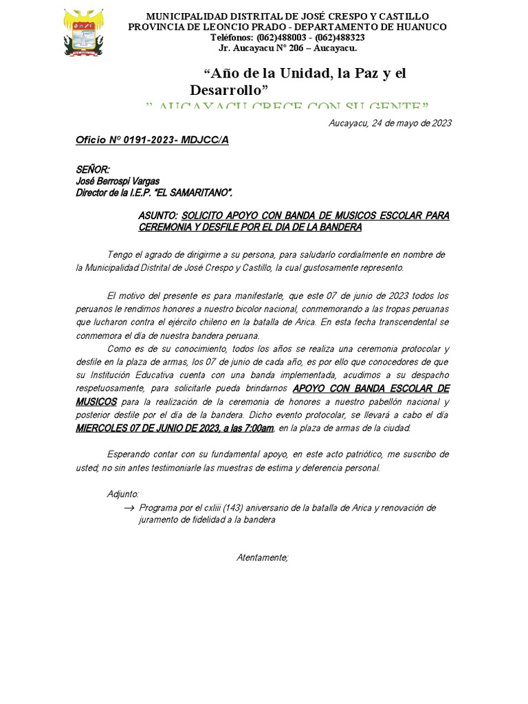 191 Oficio Apoyo Con Banda A Ie Samaritano | PDF