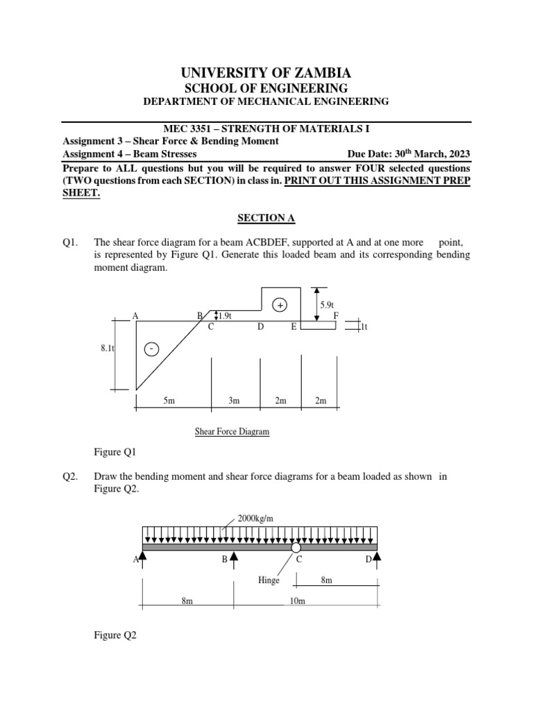 Shear Force Bending Moments Beam Stresses Assignments Prep Sheet - 2023 ...