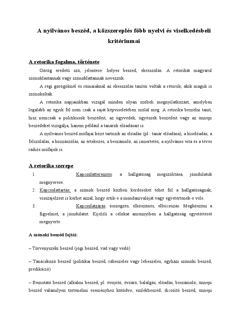 A Nyilvanos Beszed, A Kozszereples Fobb Nyelvi Es Viselkedesbeli ...