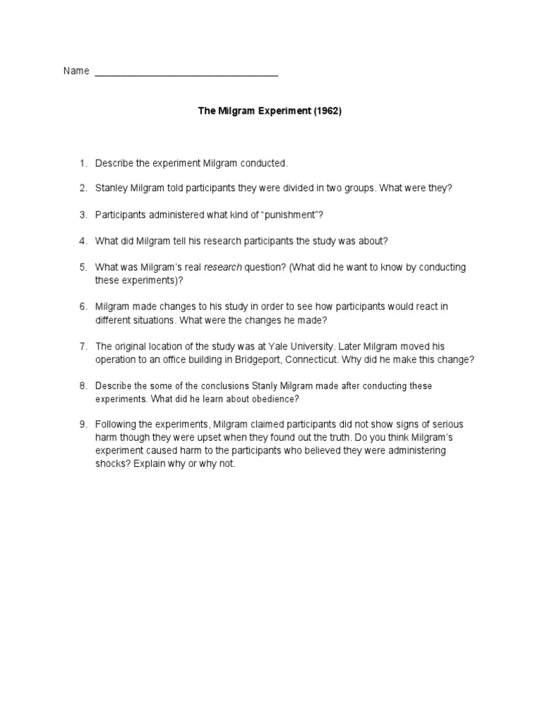 The Milgram Experiment Worksheet | PDF