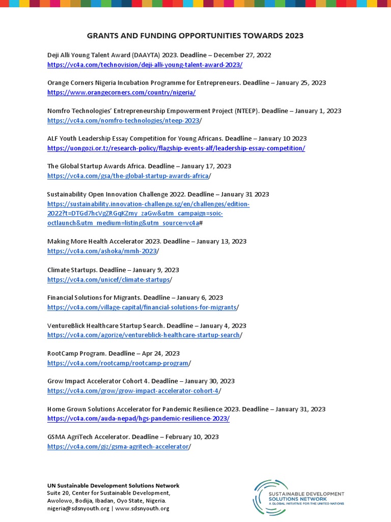 Grants and Funding Opportunities Towards 2023: UN Sustainable ...