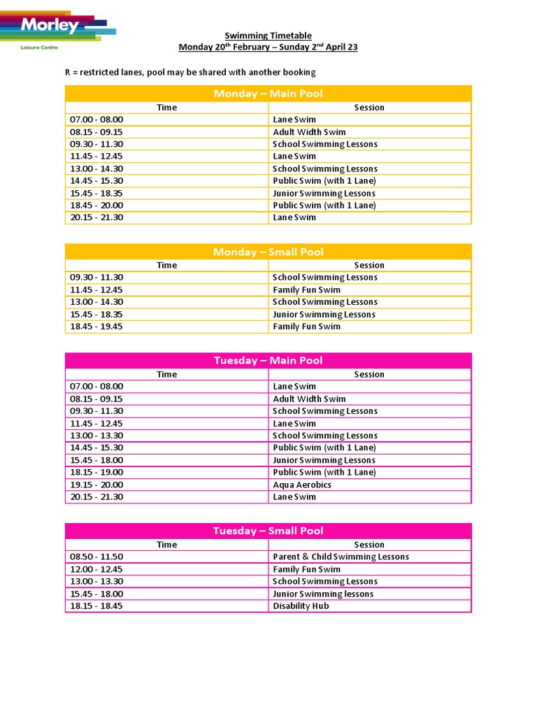 Weekly Swim Schedule | PDF | Swimming