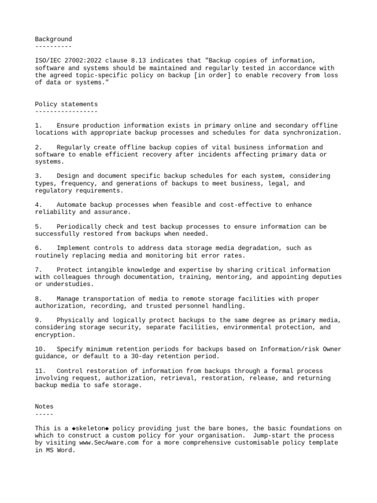 ISO27k ISMS A8.13 Skeleton Policy On Backups 2023 | PDF