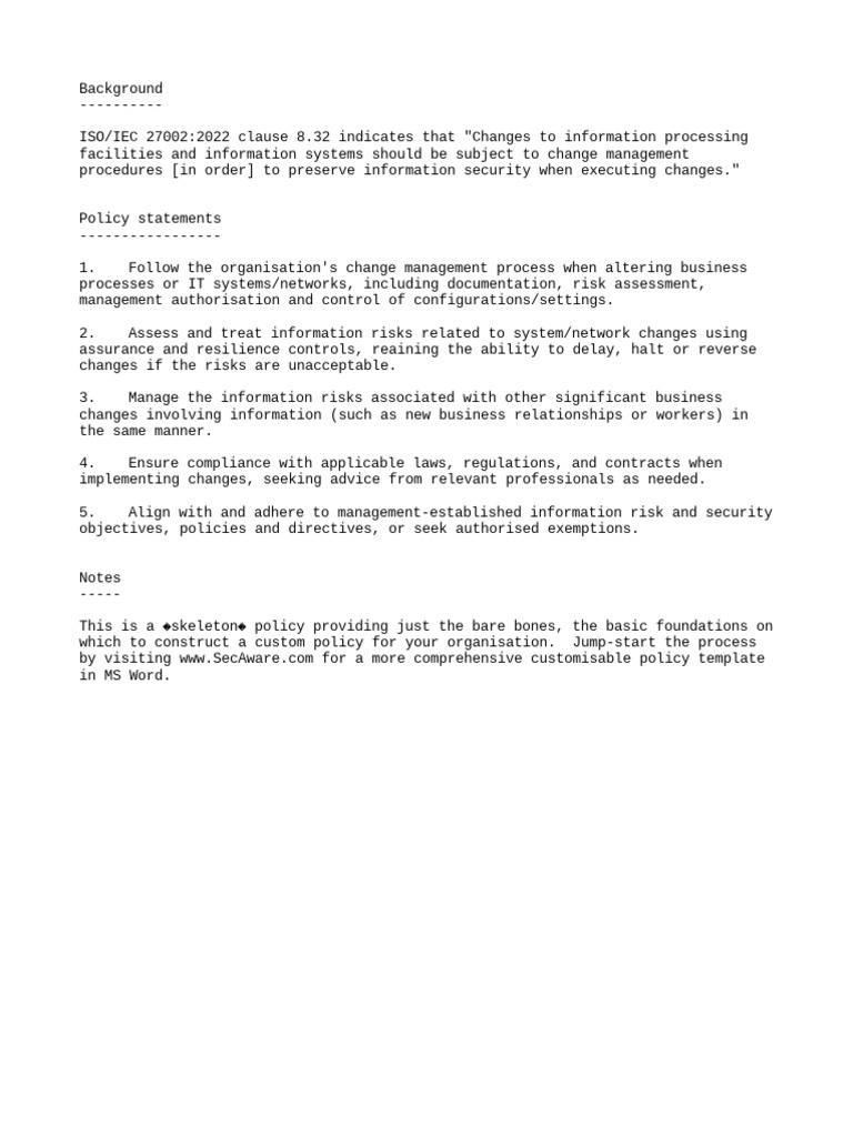 ISO27k ISMS A8.32 Skeleton Policy On Change Management 2023 | PDF