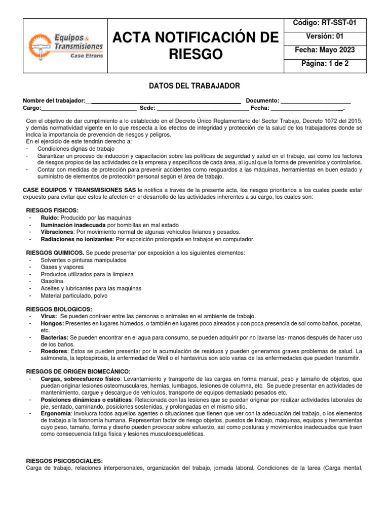 Act-Sst-001 Acta de Notificacion de Riesgo | PDF | Factores humanos y ...