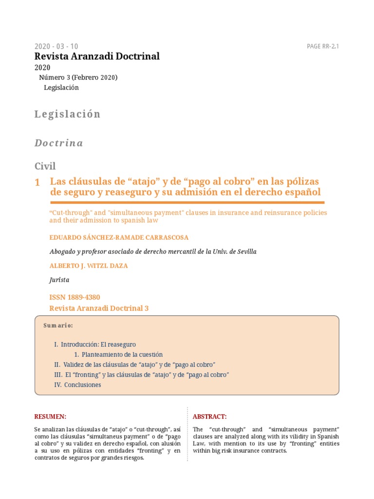 Las Clausulas de Atajo y de Pago Al Cobro en Las Polizas de Seguro y Reaseguro y Su Admision en ...