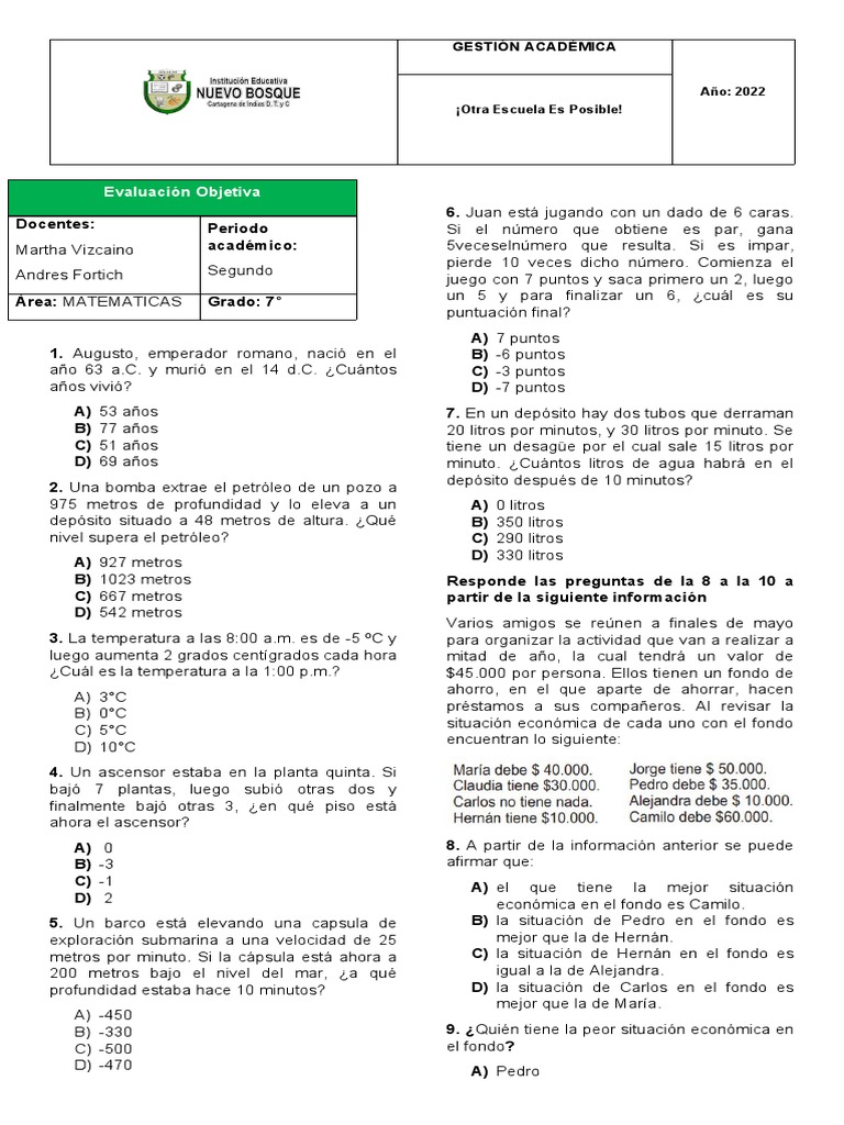Evaluacion Objetiva Segundo Periodo Matematicas Septimo | PDF