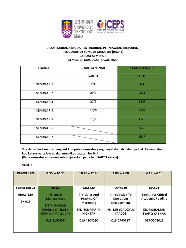 Jadual Seminar Ba243 | PDF