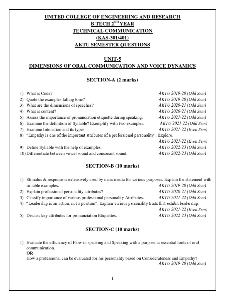 TC Unit 5 AKTU Semester Questions | PDF | Communication | Linguistics