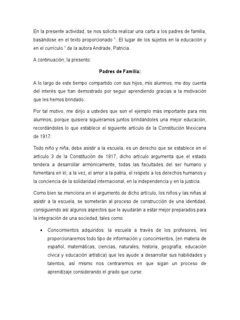 Carta A Los Padres de Familia | PDF | Ciencias sociales | Salud y bienestar