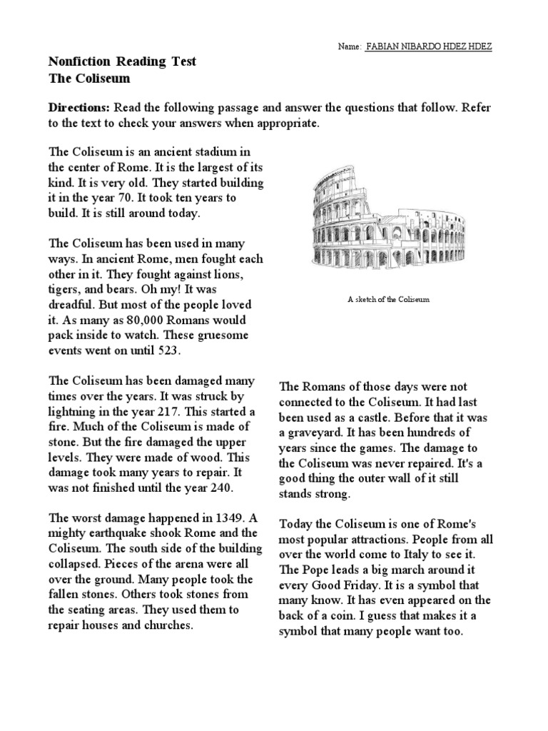 Readign Comprehension - The Coliseum | PDF