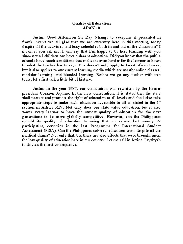 Quality of Education Script | PDF