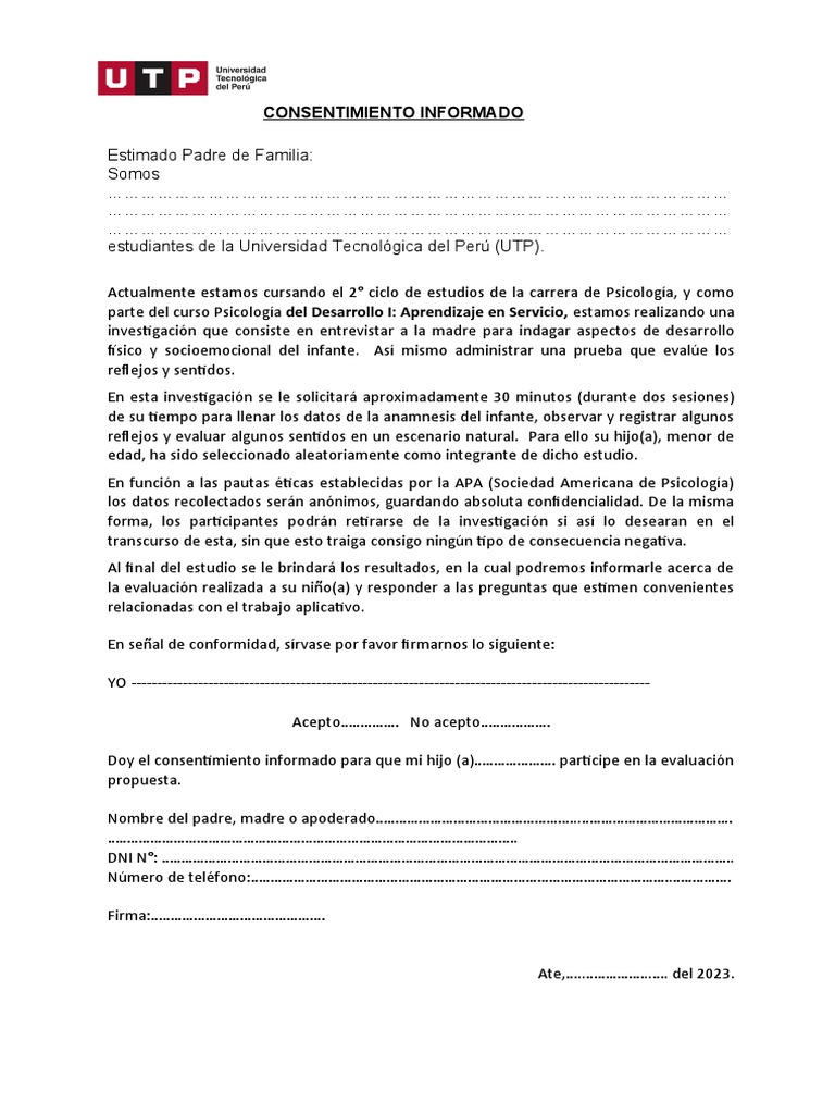 Consentimiento Informado UTP Psicología | PDF