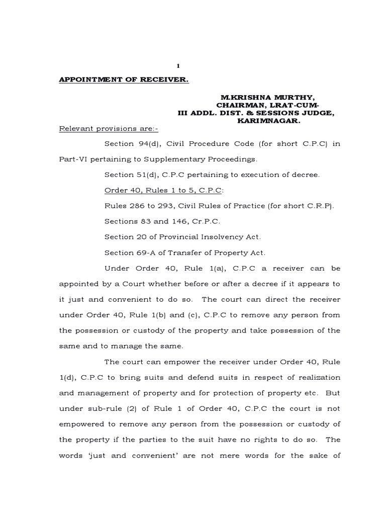 Appointment of Receiver - III ADJ | PDF