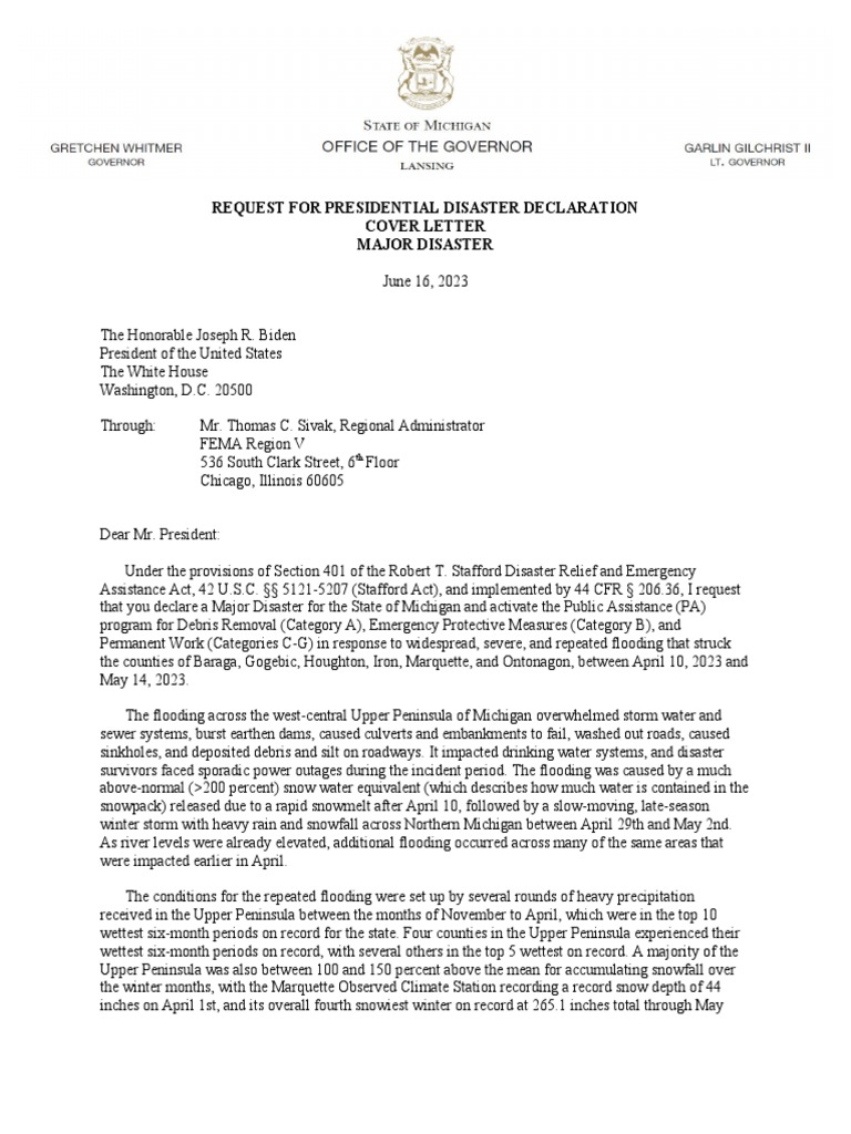MI Request.presidential Declaration.cover.letter | PDF | Emergency ...