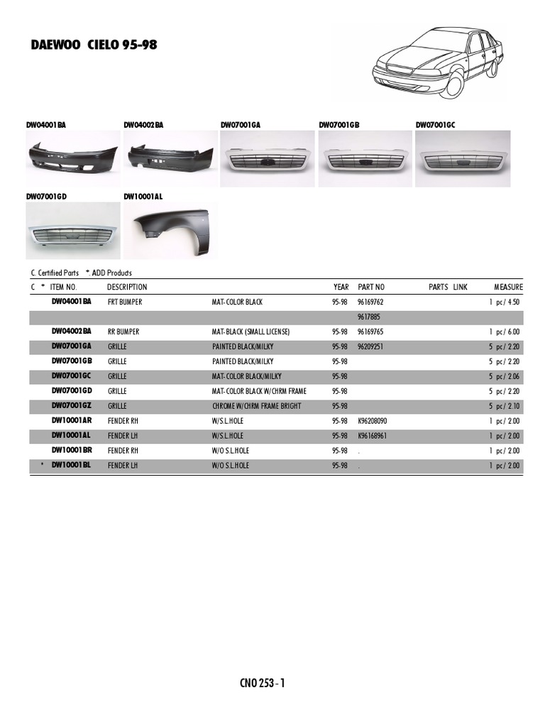Daewoo - Cielo - Parts Catalogue - 1995 - 1998 PDF | PDF