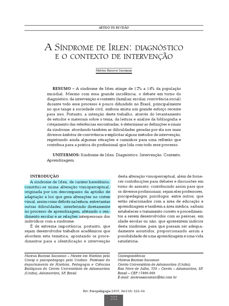 Diagnóstico e Intervenção na Síndrome de Irlen | PDF | Autoajuda