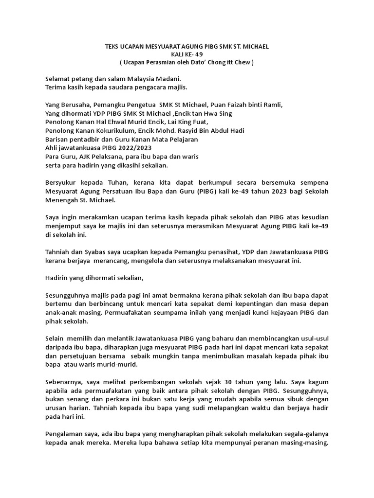 Teks Ucapan Mesyuarat Agung Pibg SMK ST | PDF