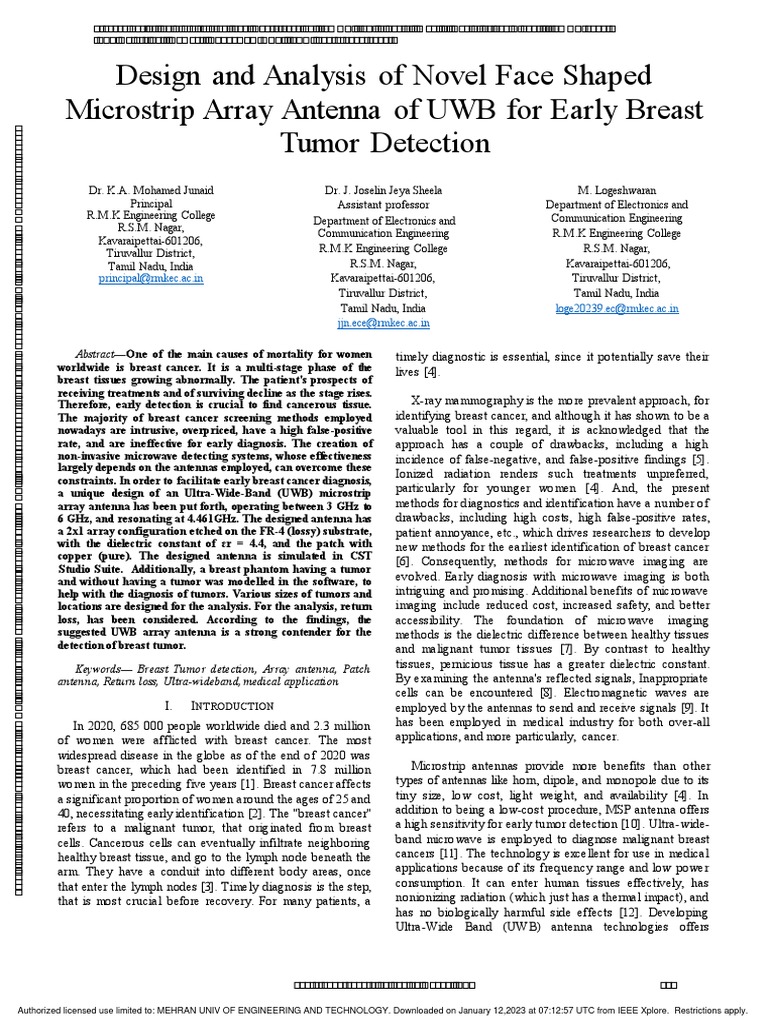 Design And Analysis Of Novel Face Shaped Microstrip Array Antenna Of Uwb For Early Breast Tumor