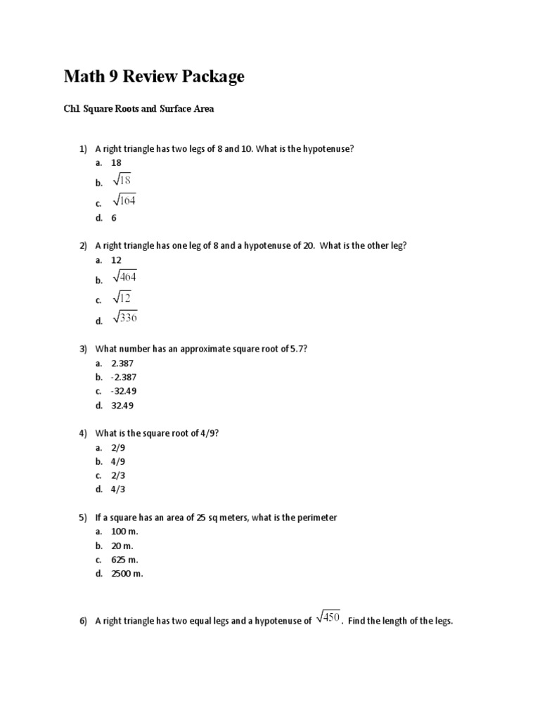 Math 9 Review: Square Roots & Linear Equations | PDF | Circle | Area