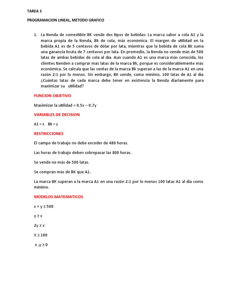 Tarea 3. Programacion Lineal Metodo Grafico | PDF | Nutrición | Dieta y ... Tarea 3. Programacion Lineal Metodo Grafico | PDF | Nutrición | Dieta y ...