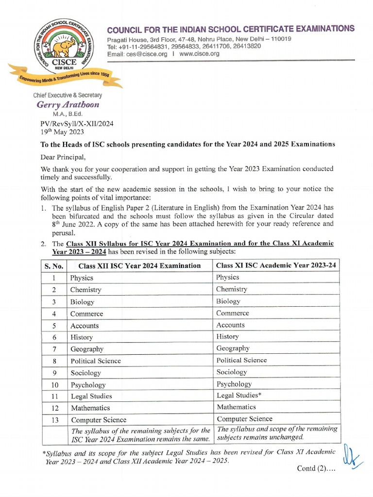 Class XII Syllabus For ISC Year 2024 Examination and For The Class XI Academic Year 2023 2024 | PDF