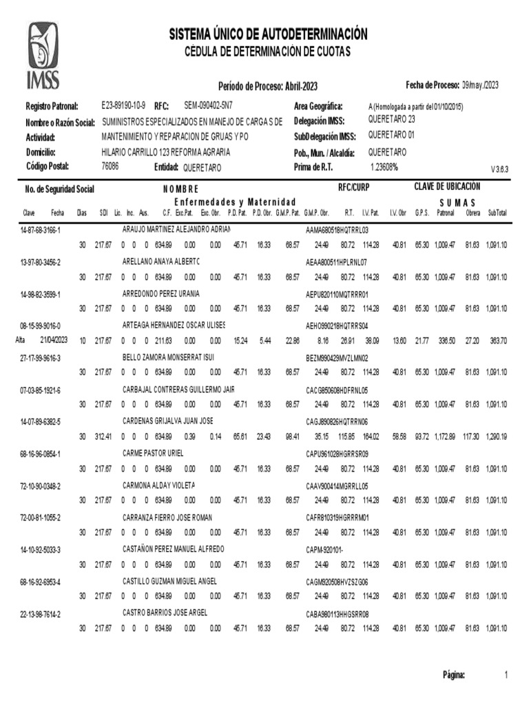 Cédula de Cuotas IMSS Abril 2023 | PDF