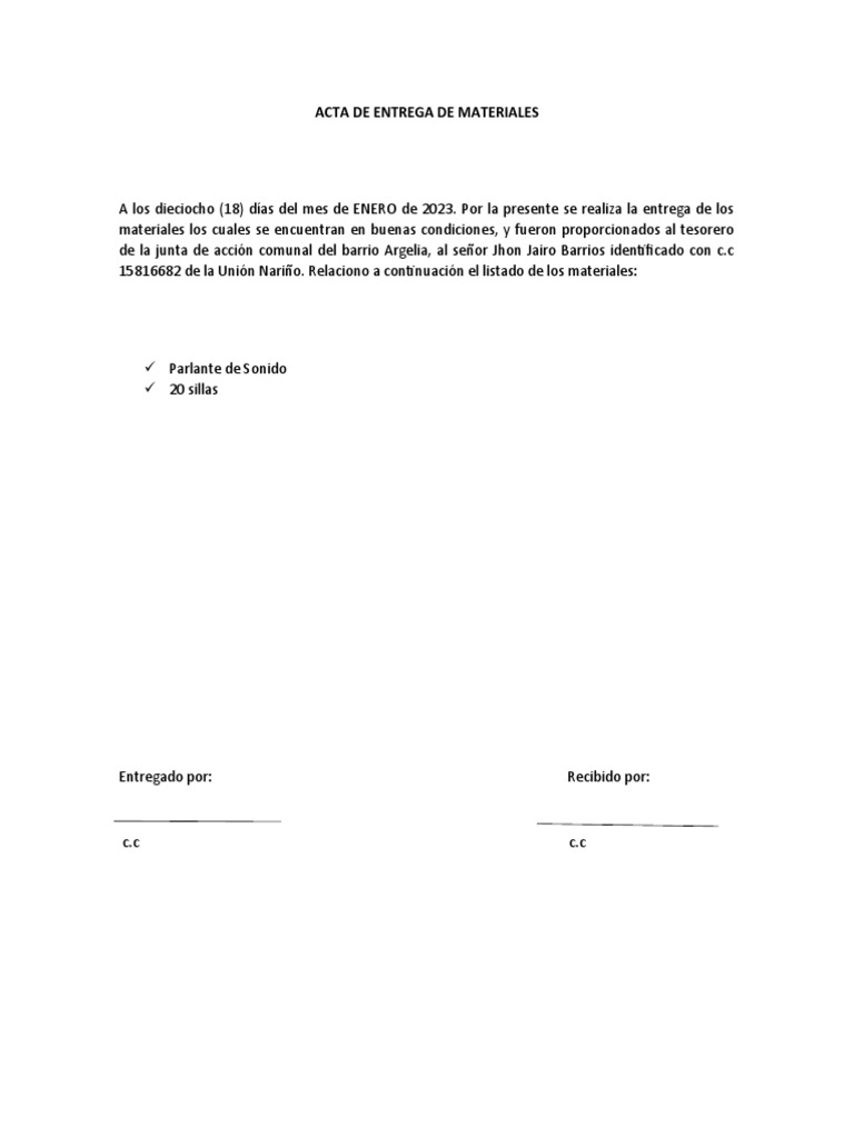 Acta de Entrega de Materiales | PDF
