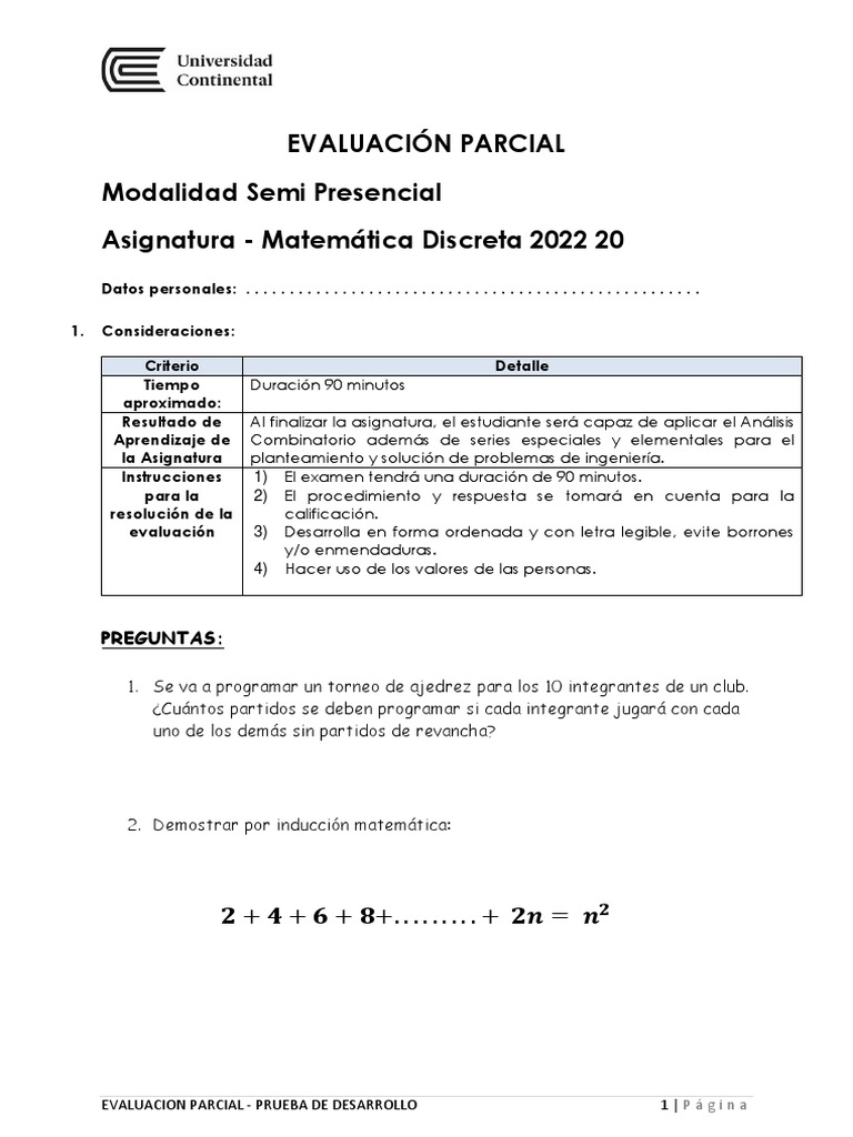 Evaluación Parcial - Prueba de Desarrollo - Matemática Discreta 2023 10 | PDF | Evaluación ...