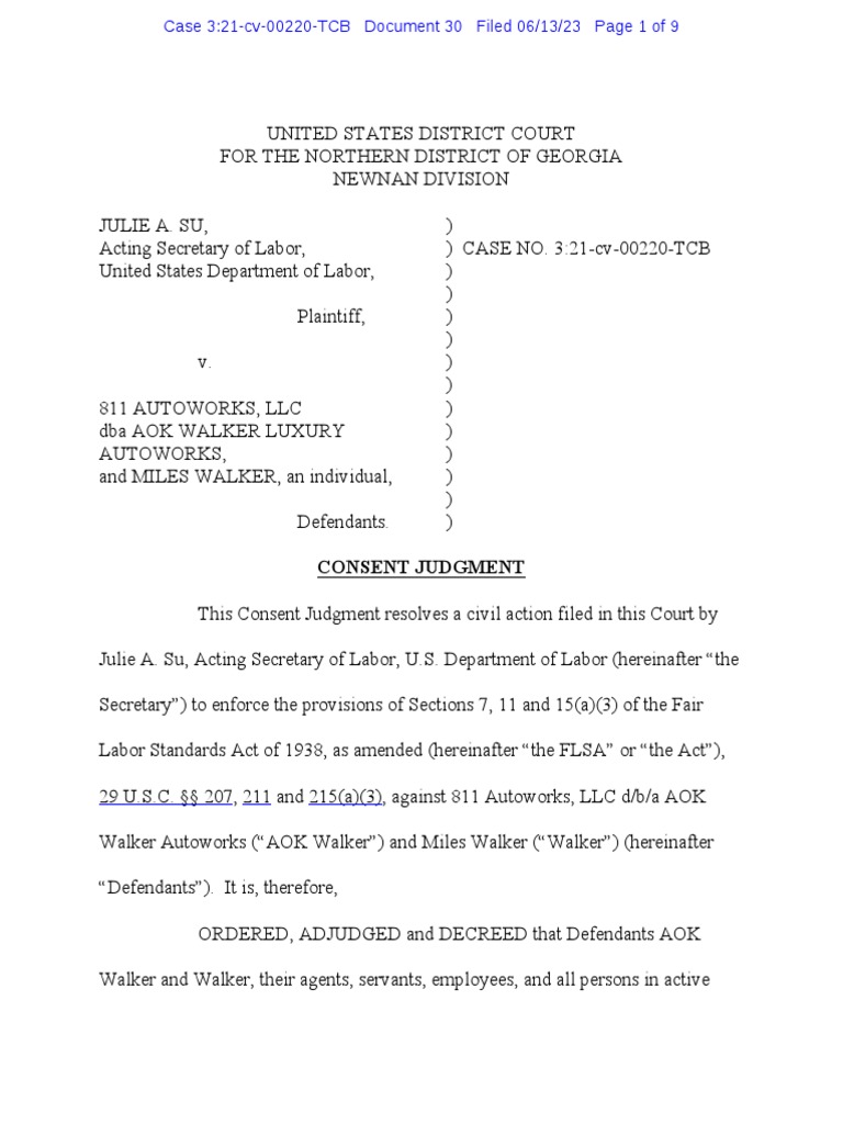 Consent Judgment Against Miles Walker | PDF | Overtime | Employment