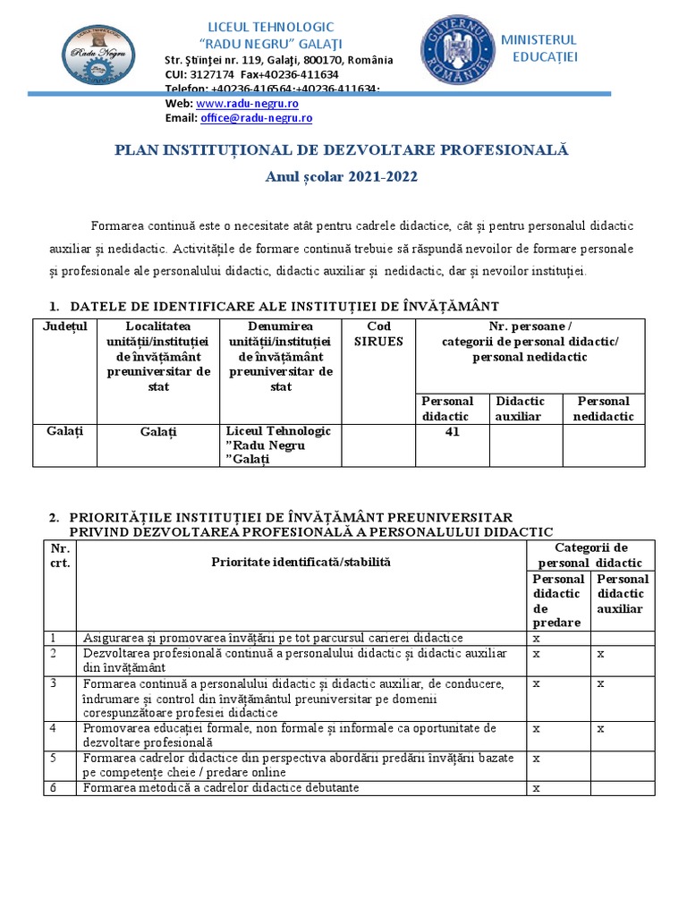 Plan institutional de dezvoltare profesionala 2021_2022 | PDF