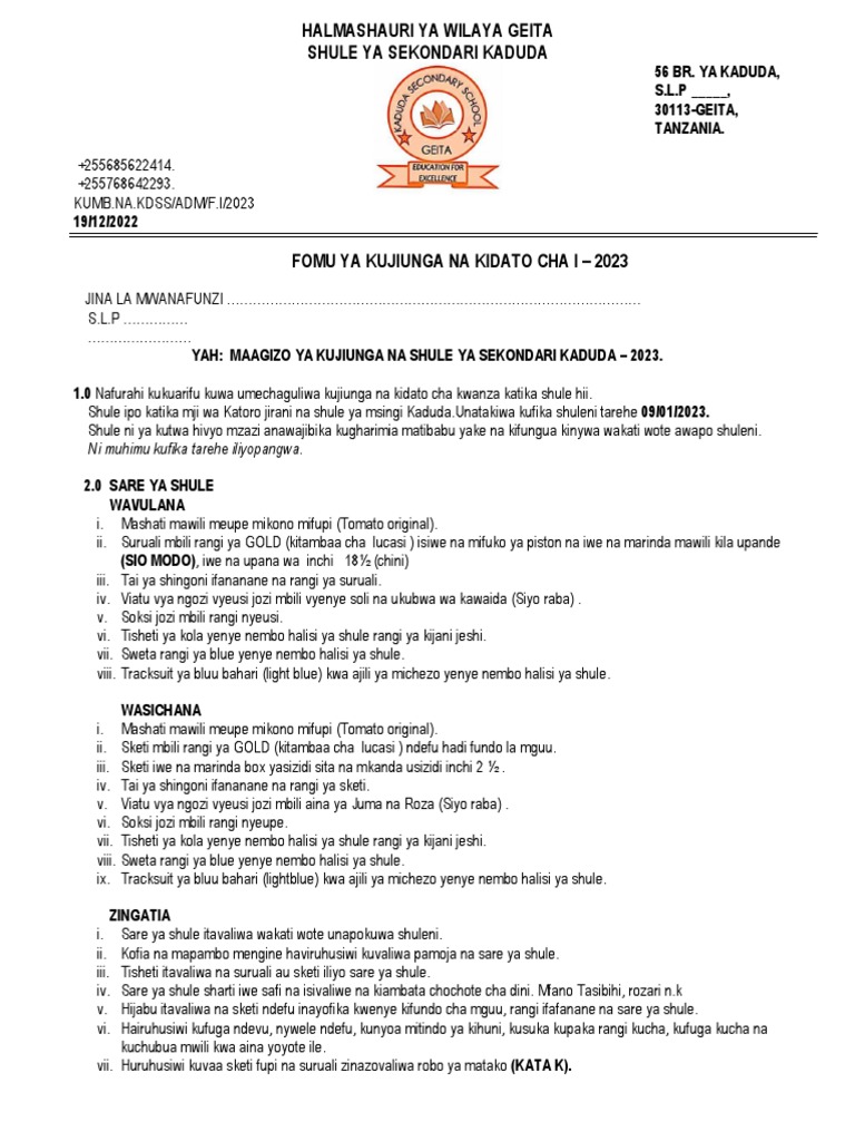 Joining Form One 2023 Kaduda | PDF