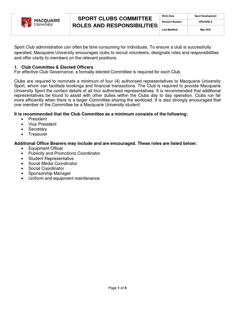 Sports Club Committee Roles and Responsibilities | PDF | Committee ...