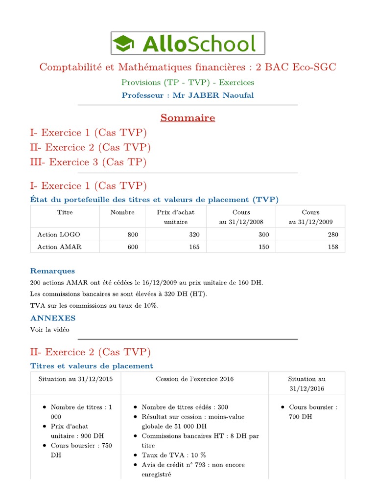 Provisions TP TVP Exercices | PDF