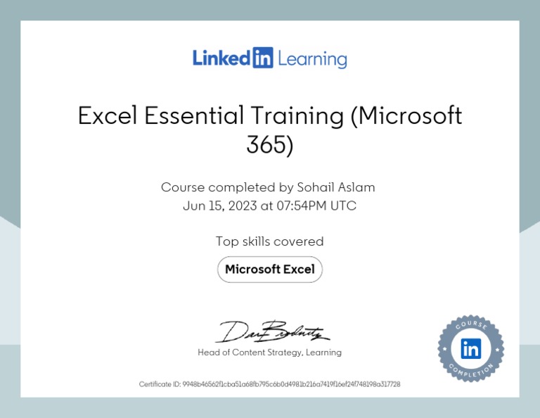 CertificateOfCompletion - Excel Essential Training Microsoft 365 | PDF | Art