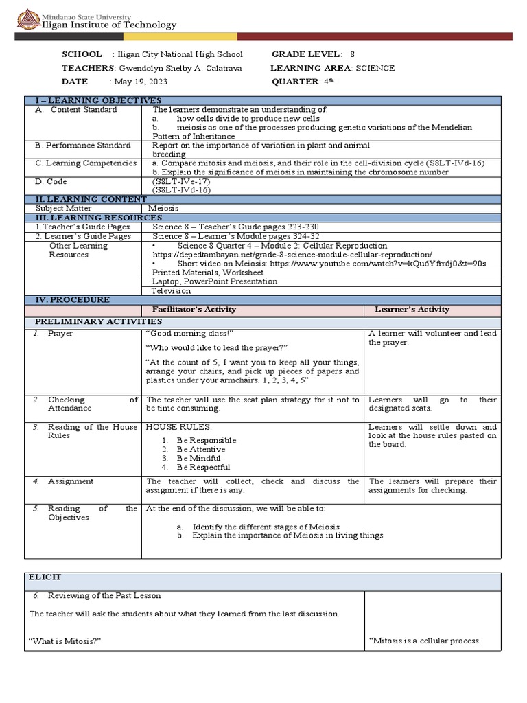 Meiosis Lesson Plan for Grade 8 Science | PDF | Science & Mathematics