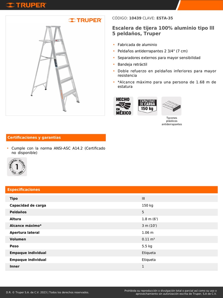 Ficha Tecnica Escalera de Tijera Aluminio Tipo III 5 Peldaños-Truper | PDF