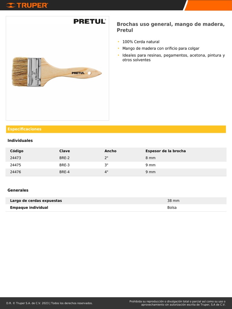 Ficha Tecnica Familia de Brochas Mango Madera Pretul | PDF